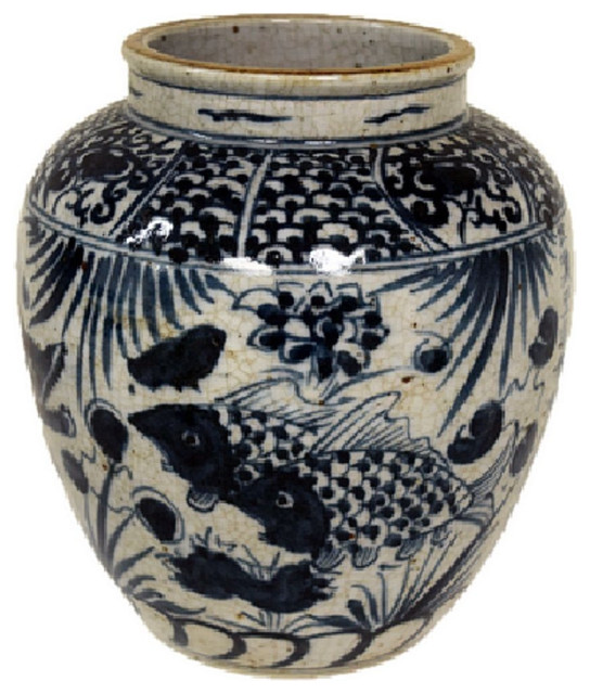 Blue and White Porcelain Fish Motif Flower Vase 8" - Asian - Vases - by ...