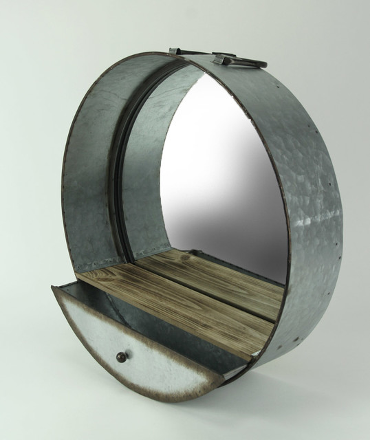 Rustic Galvanized Metal Tub Frame Round Wall Mirror with Drawer, One ...