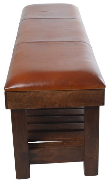 Rustic Brown Leather Bench with Lower Slatted Shelf for Stylish Storage ...