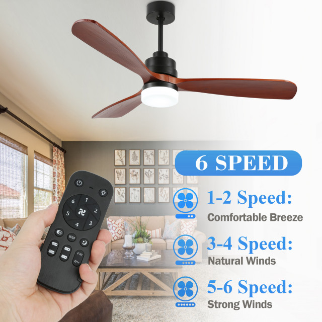52" Reversible Solid Wood Ceiling Fan with Dimmable Light, Remote ...