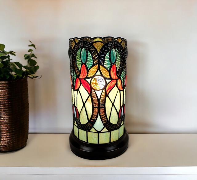 11" Beige and Orange Mosaic Tile Stained Glass Accent Lamp - Victorian ...