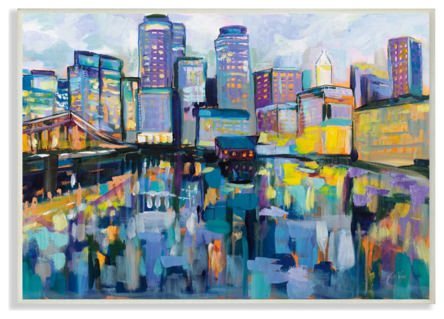 Boston Harbor Abstract Cityscape Painting, 10"x15" - Contemporary ...