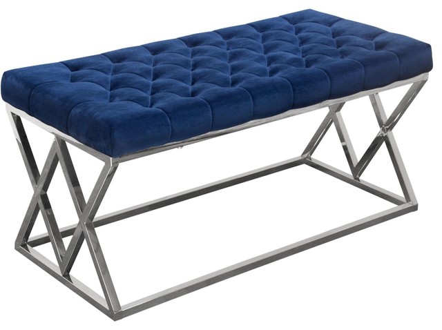 Fabric Upholstered Metal Accent Bench with Tuft Details, Blue and ...