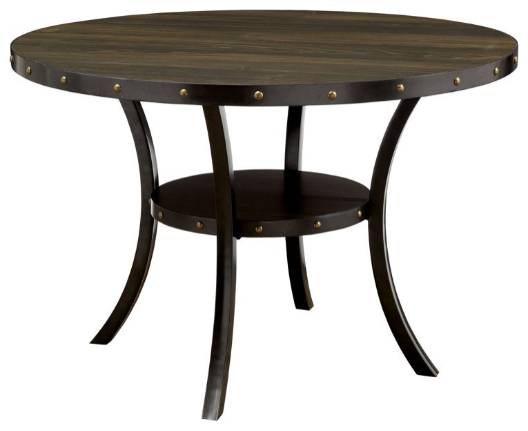 Industrial Dining Table, Round Top & Lower Open Shelf With Nailhead ...
