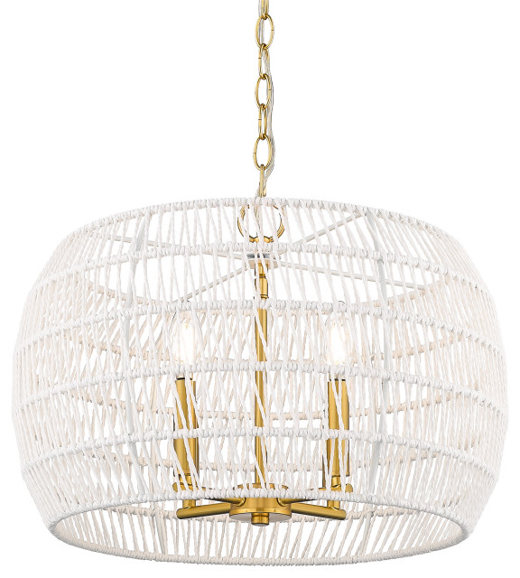 Ellie 4-Light Chandelier, Modern Brushed Gold With Bleached White Raphia Rope - Beach Style ...
