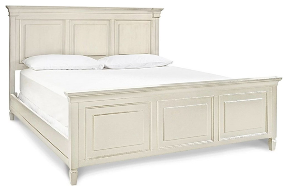 Maklaine Transitional Wood Panel Bed with Wood Frame in White ...
