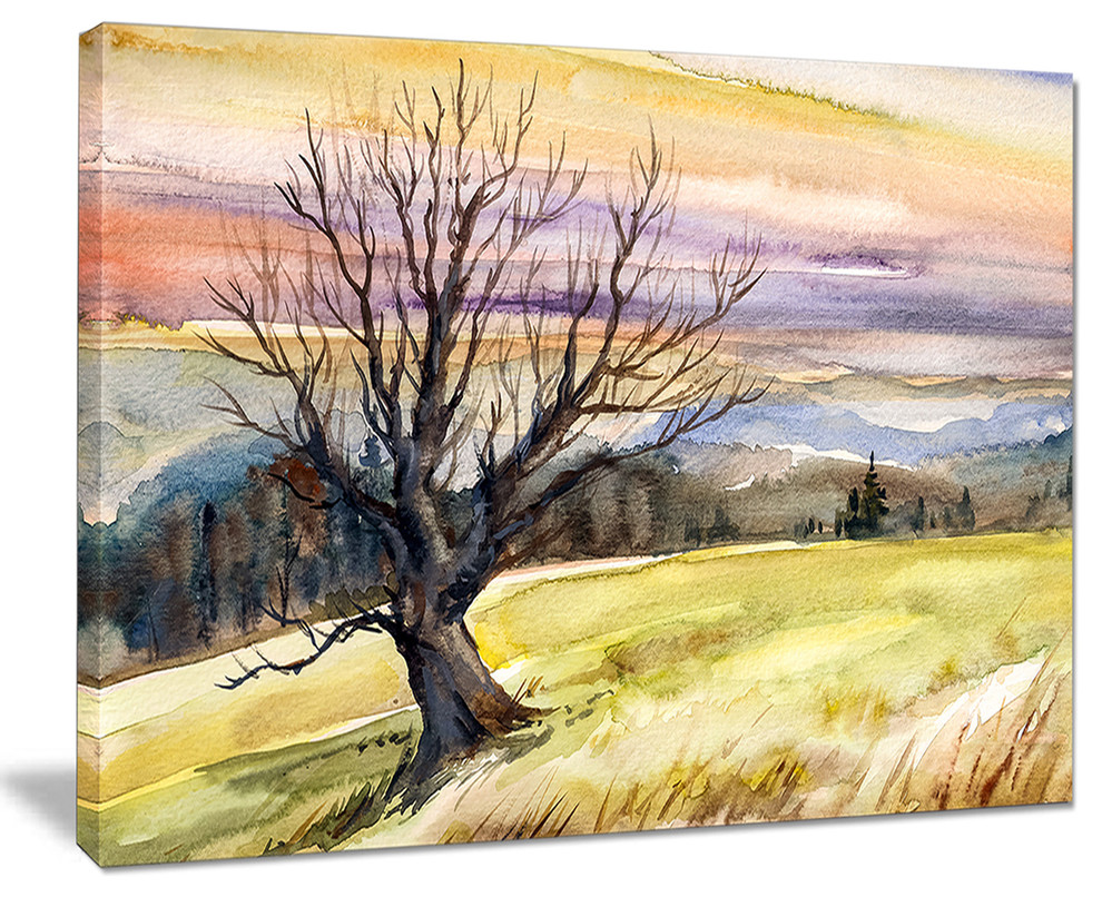 "Tree Without Leaves at Sunset" Trees Painting Canvas Print ...