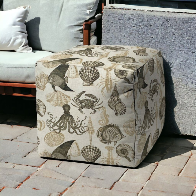 17" Taupe Gray and Beige Polyester Cube Coastal Outdoor Pouf Ottoman - Beach Style - Floor ...
