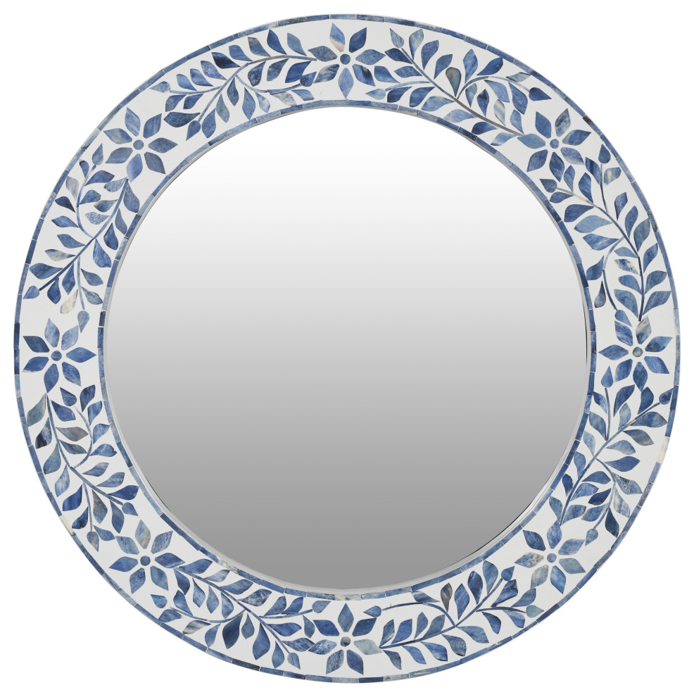 Blue Leaf Bone Inlay Round Mirror, 26" - Mediterranean - Wall Mirrors ...