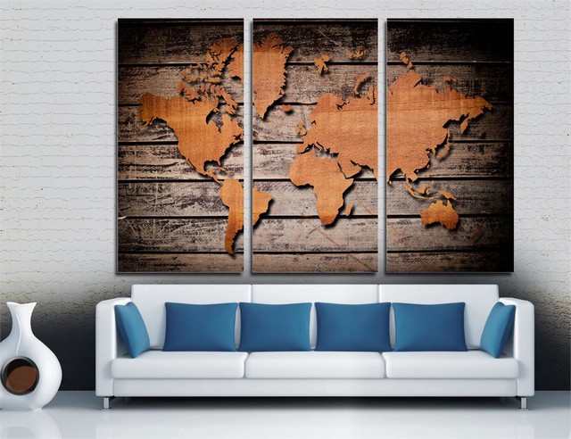 Wood Style World Map, Canvas Print, 3 Panel Split, Triptych Wall Art ...
