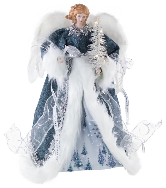 14" Blue Angel with Lighted Tree Christmas Tree Topper - Modern ...