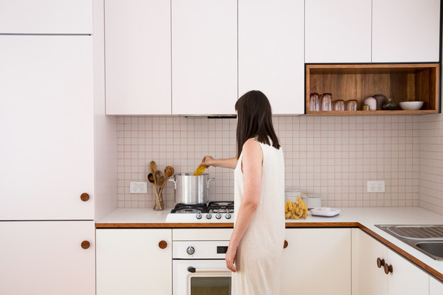 Pale Pink Carries Through This Kitchen, Right Down to the Grout