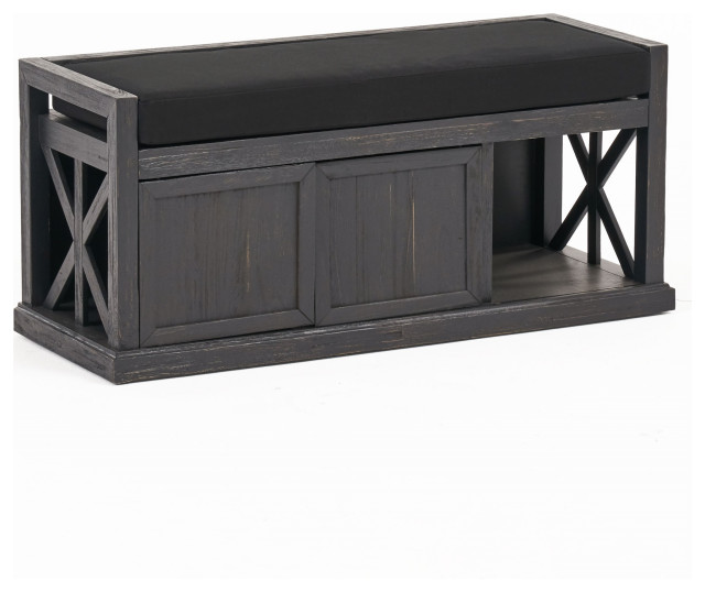Modern Acacia Wood Storage Bench with Dark Gray Cushion and Black ...