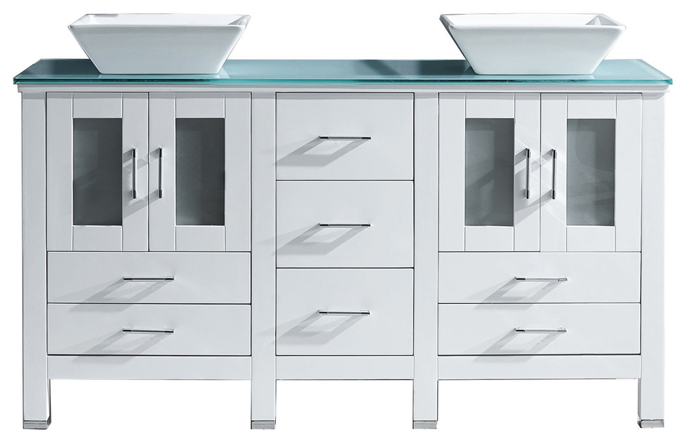 Bradford 60" Double Bath Vanity, White, Aqua Tempered Glass Top, Square ...
