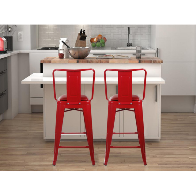 Metal Red Bar Stools With Middle Back Red Vegan Leather Seat, Set of 4 ...