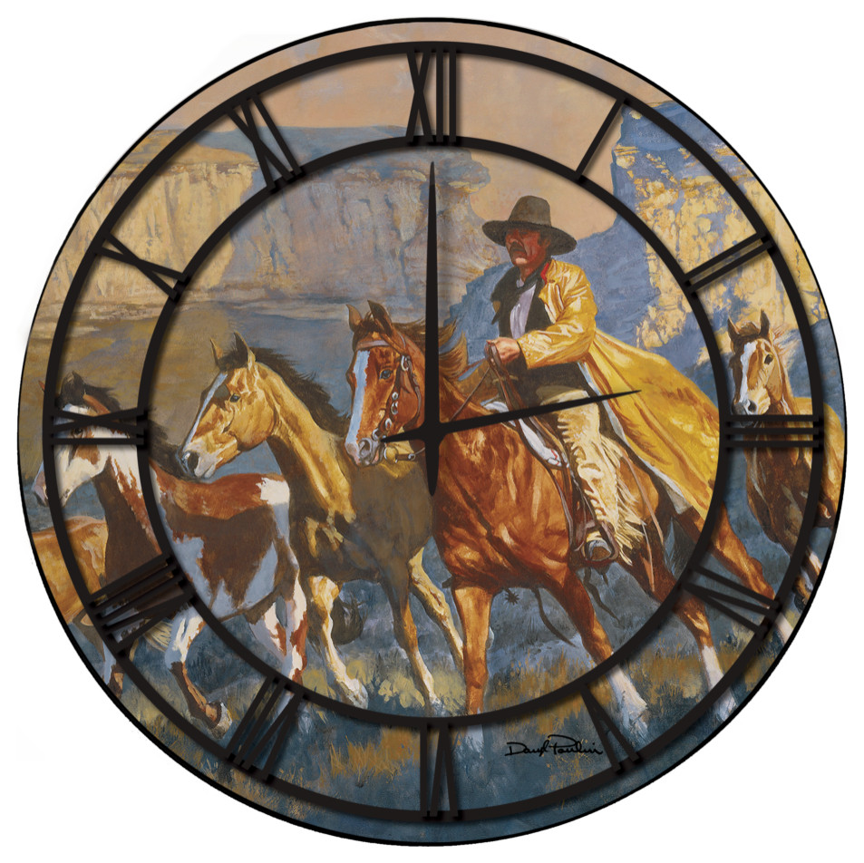 Wall Clock, A Cowboy Day, 24"x24" - Southwestern - Wall Clocks - by ...