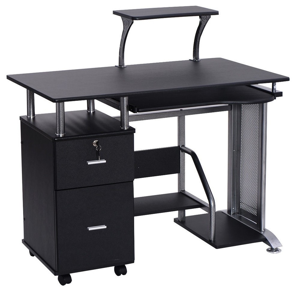 Modern Black Computer Desk with Printer Shelf - Transitional - Desks ...