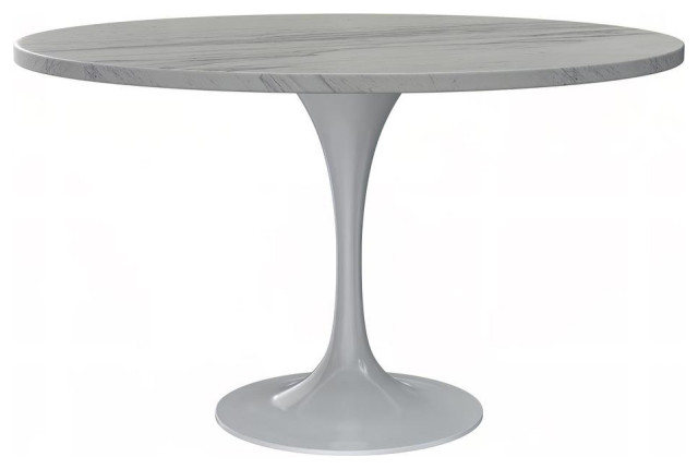 48 Round Dining Table, White Base with Laminated White Marbleized Top ...