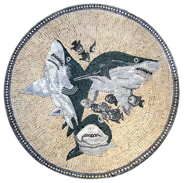 Sharks Medallion Mosaic Art, 24" x24" - Beach Style - Mosaic Tile - by ...