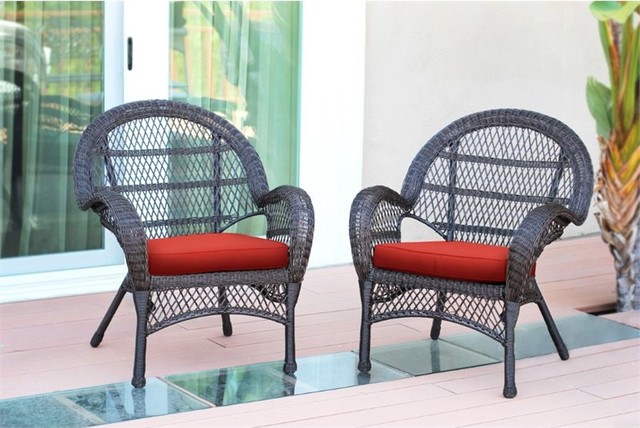 Jeco Wicker Chair in Espresso with Tan Cushion (Set of 2) - Tropical ...