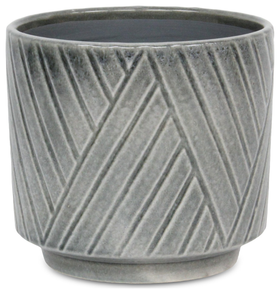 Gray Ceramic Pot with Crossed Diagonal Pattern - Transitional - Indoor ...