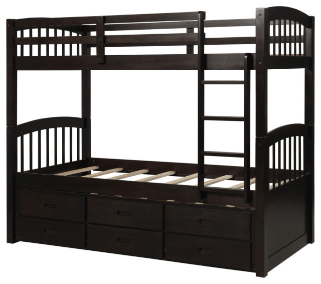 Twin over Twin Wood Bunk Bed Trundle Drawers Espresso - Transitional ...
