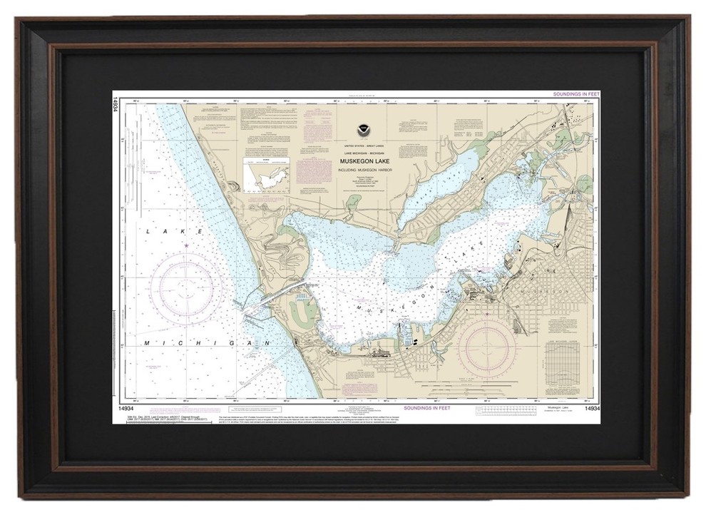 Framed Nautical Chart, Muskegon Lake and Harbor, Lake Michigan, 36x24 ...