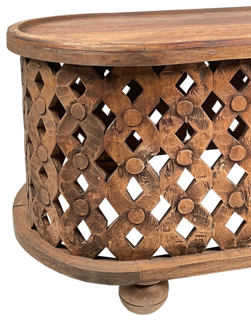 36" Oval Farmhouse Coffee Table With Intricate Cut Out Design, Antique ...