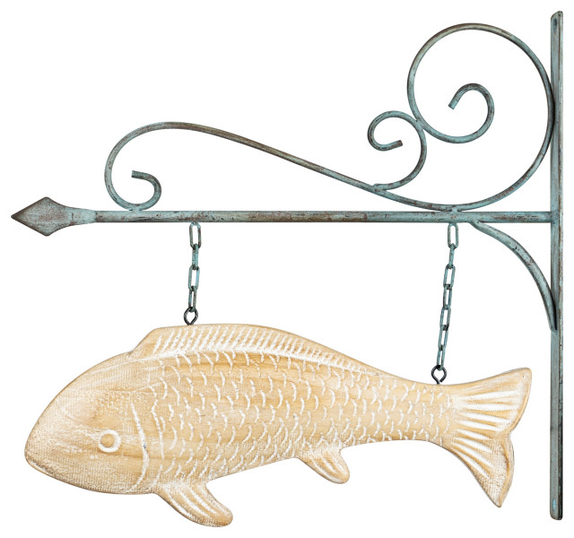 Hanging Fish Plaque 14.75"Lx14"H Wood/Iron - Beach Style - Outdoor ...