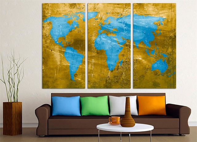 Gold And Light Blue World Map Canvas Print, 3 Panel Split, Triptych ...
