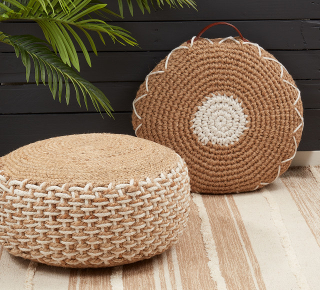 Woven Design Pouf With Handle, Natural, 20"x4", 20"x4" - Beach Style - Floor Pillows And Poufs ...