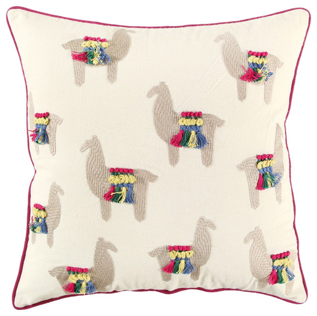 Ivory Fiesta Fun Embroidered Llamas Throw Pillow - Contemporary ...