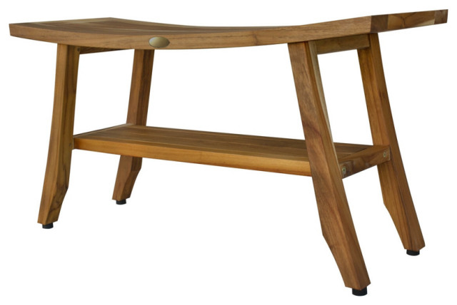 Compact Curvilinear Teak Shower Outdoor Bench With Shelf In Natural ...
