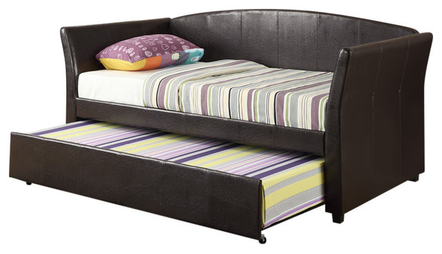 Faux Leather Day Bed With Trundle In Dark Brown Transitional