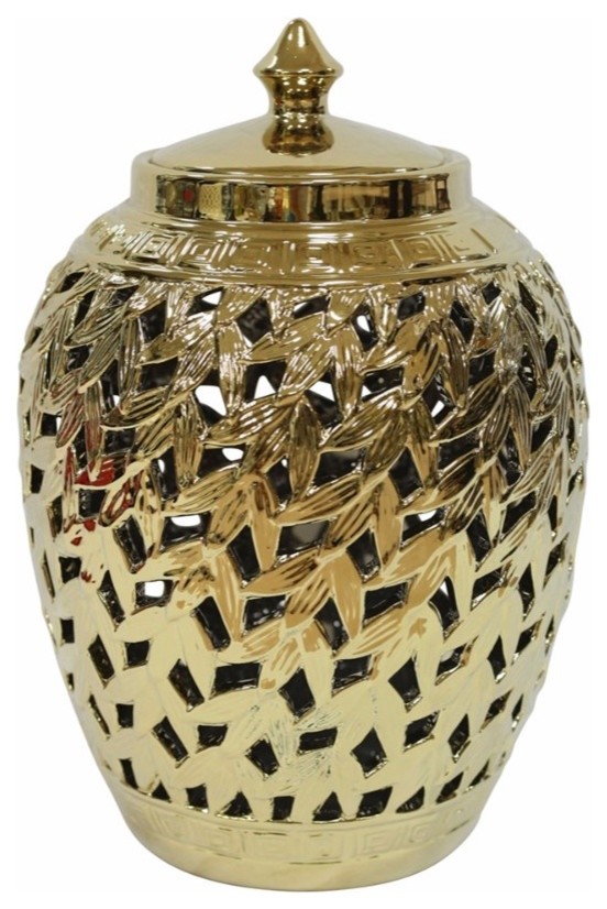 Beautifully Designed Pierced Ceramic Covered Jar, Gold - Contemporary ...