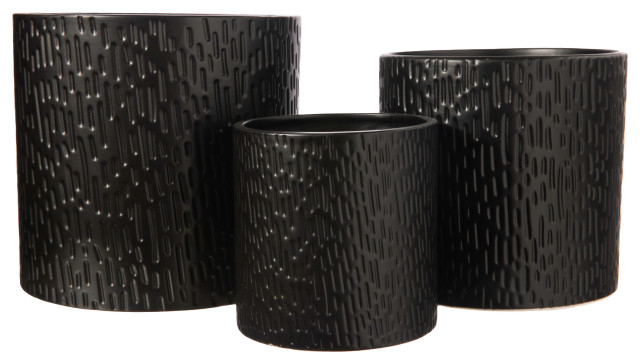 Round Ceramic Pot with Debossed Abstract Design Matte Black Finish ...