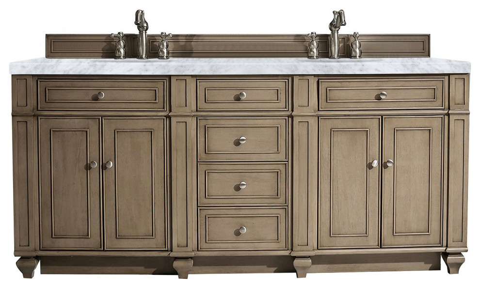 Bristol 72" Double Vanity, Whitewashed Walnut,, 3 Cm Carrara Marble Top ...