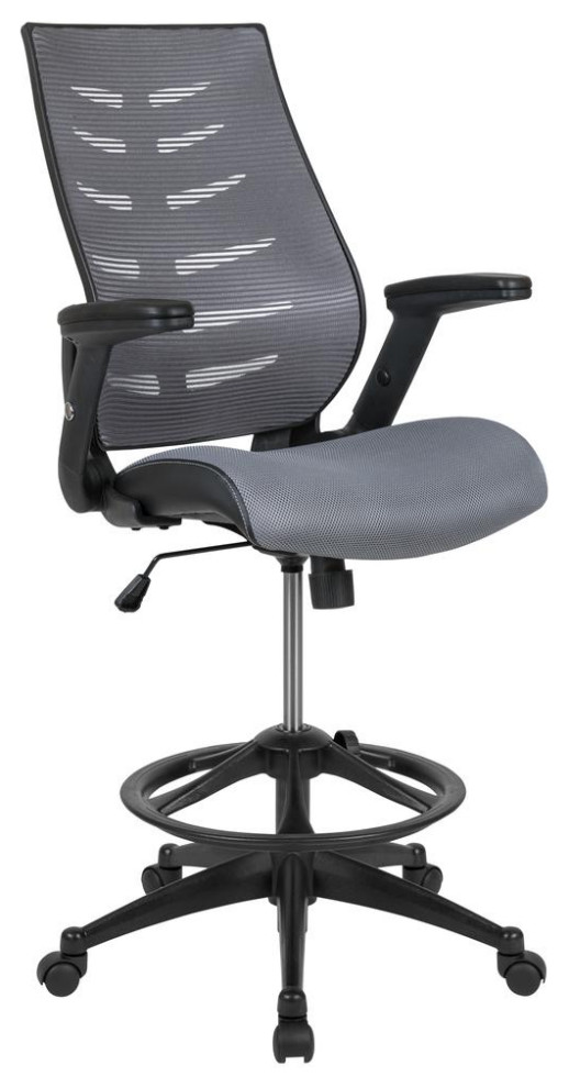 High Back Dark Gray Mesh Spine-Back Ergonomic Drafting Chair with ...