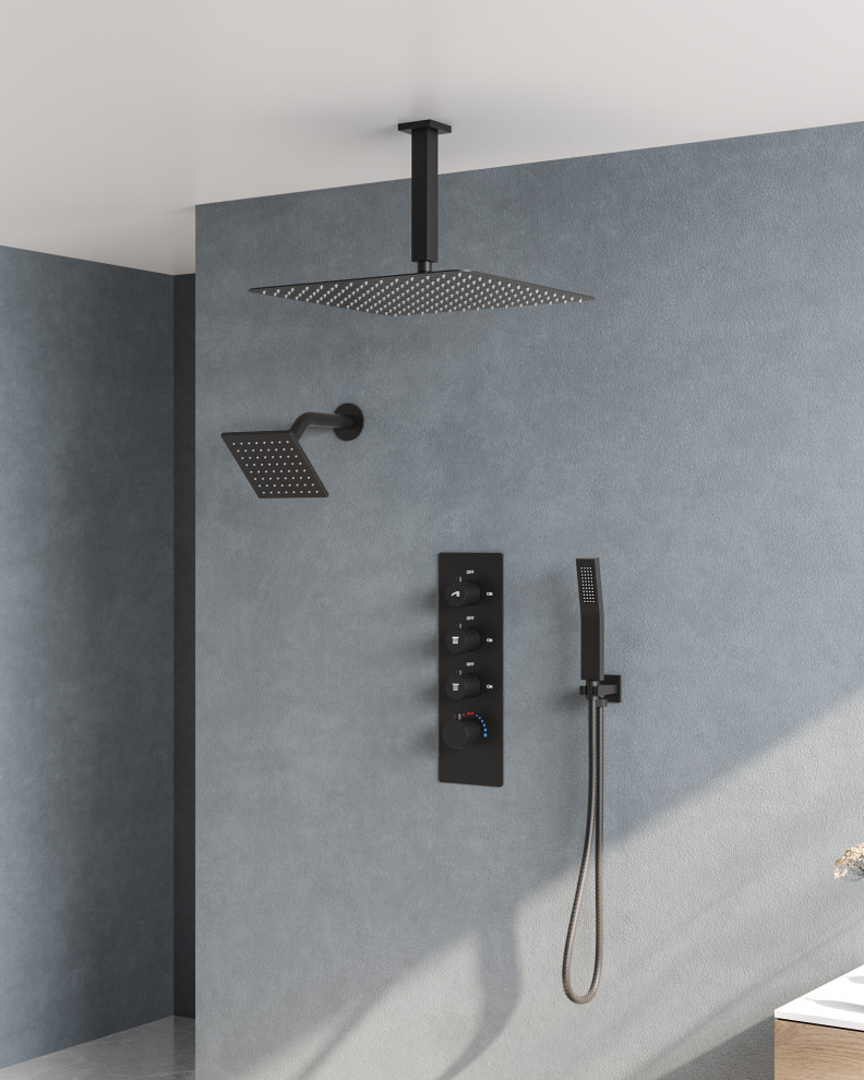 Dual Heads Shower System 16" Rain Shower Head with 4 Way Thermostatic ...