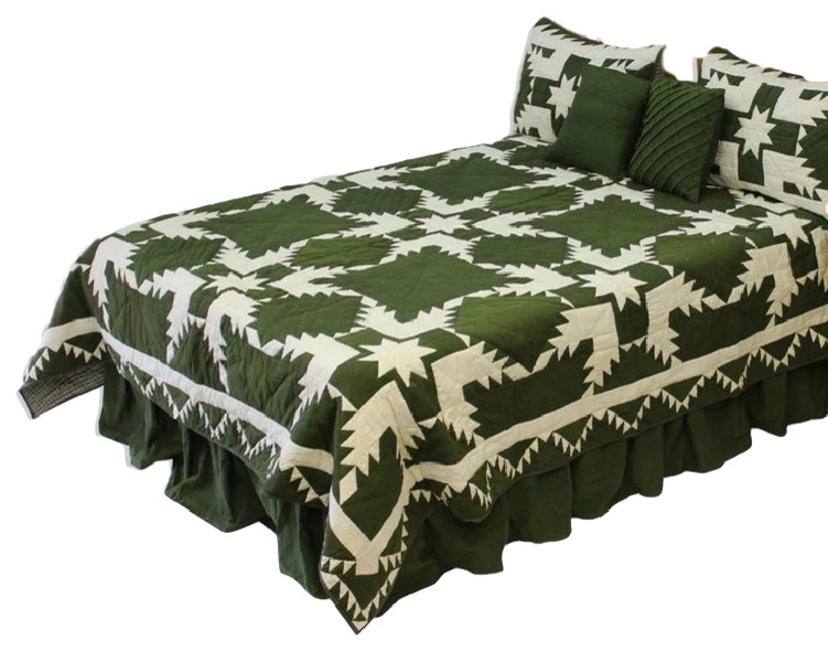 Green Feathered Star Queen Quilt, 85"W X 95"L, Super Queen ...