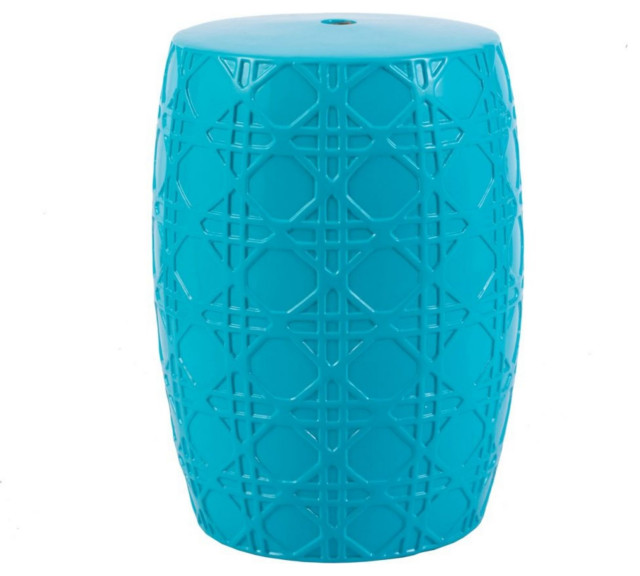 17" Blue Geometric Style Cylindrical Stool With Glossy Finish ...