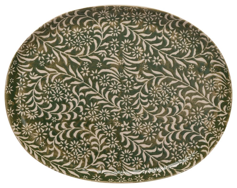 Stoneware Platter With Wax Relief Botanicals - Serving Dishes And ...