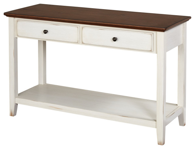 Farmhouse Console Table, Off White Body With 2 Drawers & Distressed ...