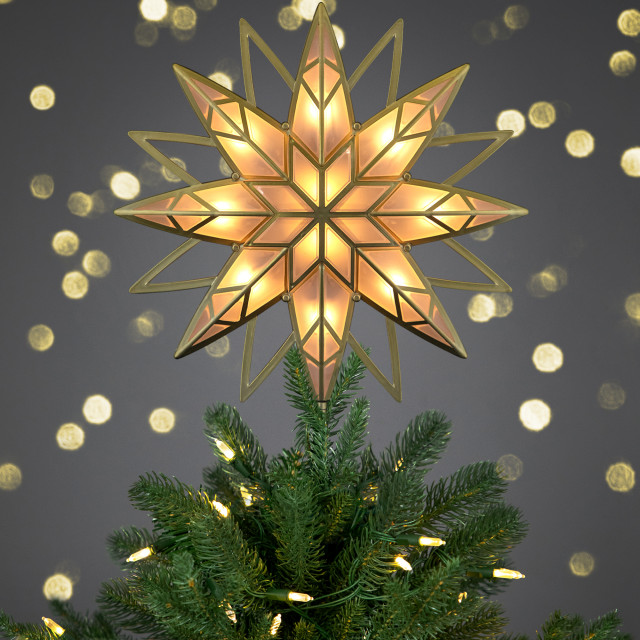 Lighted Geometric Frosted Star Christmas Tree Topper, 12.5", Gold ...
