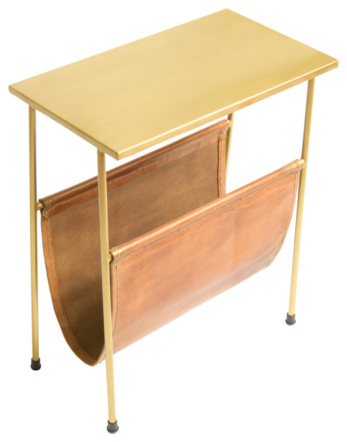 Brass Finish Side Table, Leather Magazine Holder - Contemporary - Side ...