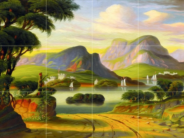 Tile Mural, Landscape With Castle and Boats, 6" Ceramic, Matte ...