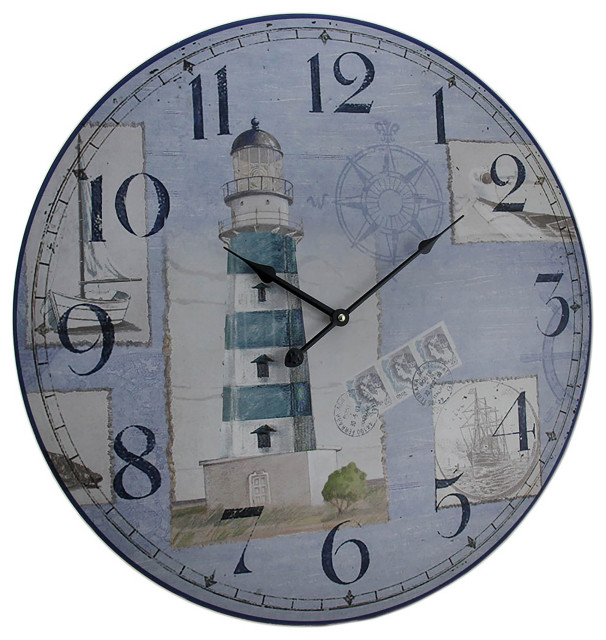Blue and White Nautical Lighthouse Round Wooden Wall Clock, Small ...