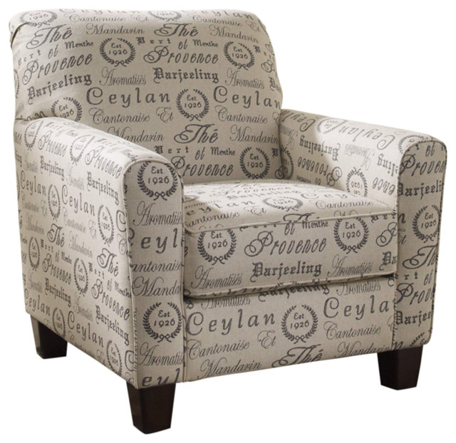 Mid-Century Accent Chair with Linen Upholstery and French Script Print ...
