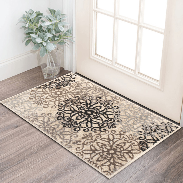 2' X 3' Tan Gray And Black Floral Medallion Stain Resistant Area Rug ...