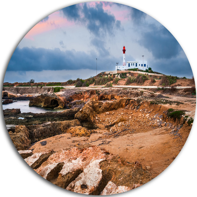 Remote Lighthouse on the Rocks, Landscape Round Metal Wall Art, Disc of ...